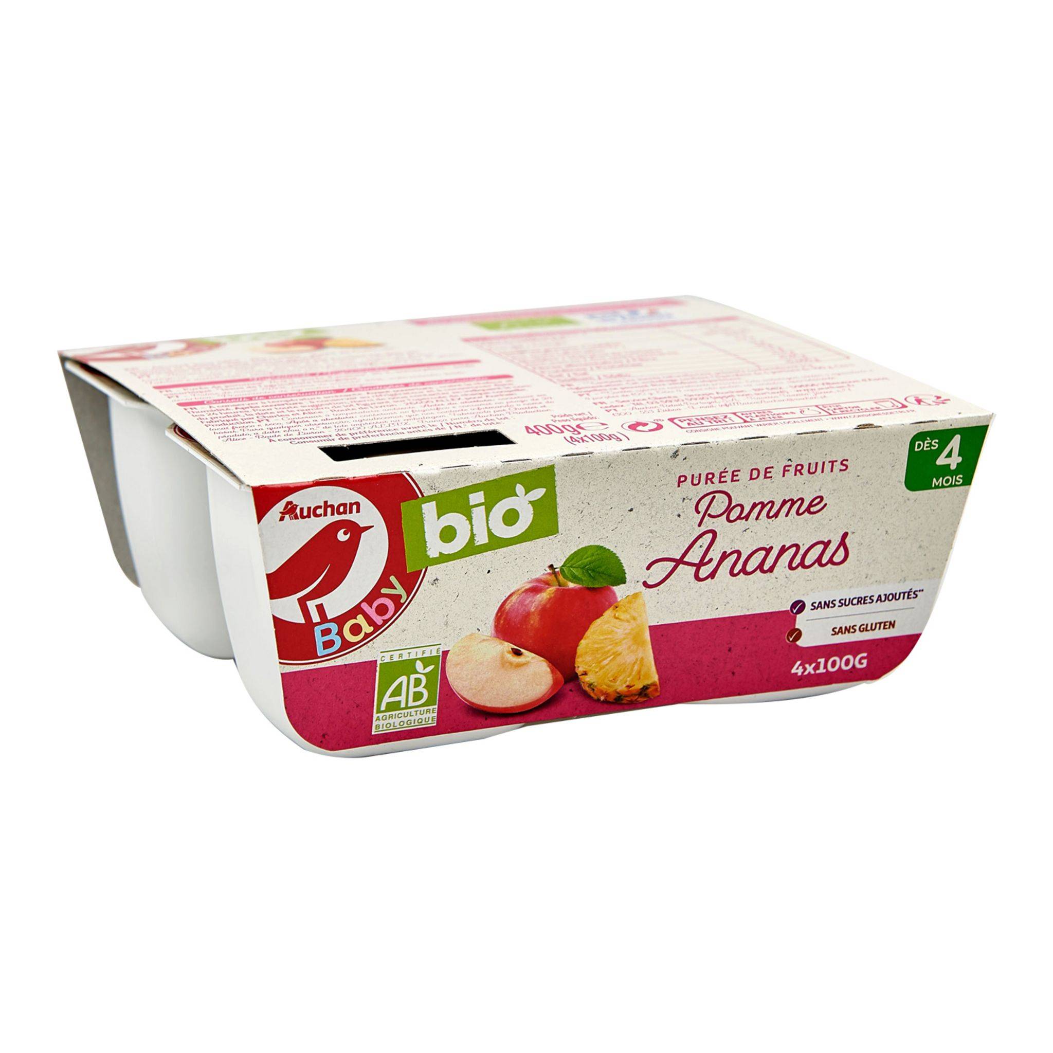 Auchan - Purée de fruits pomme ananas dès 4 mois 4x100g