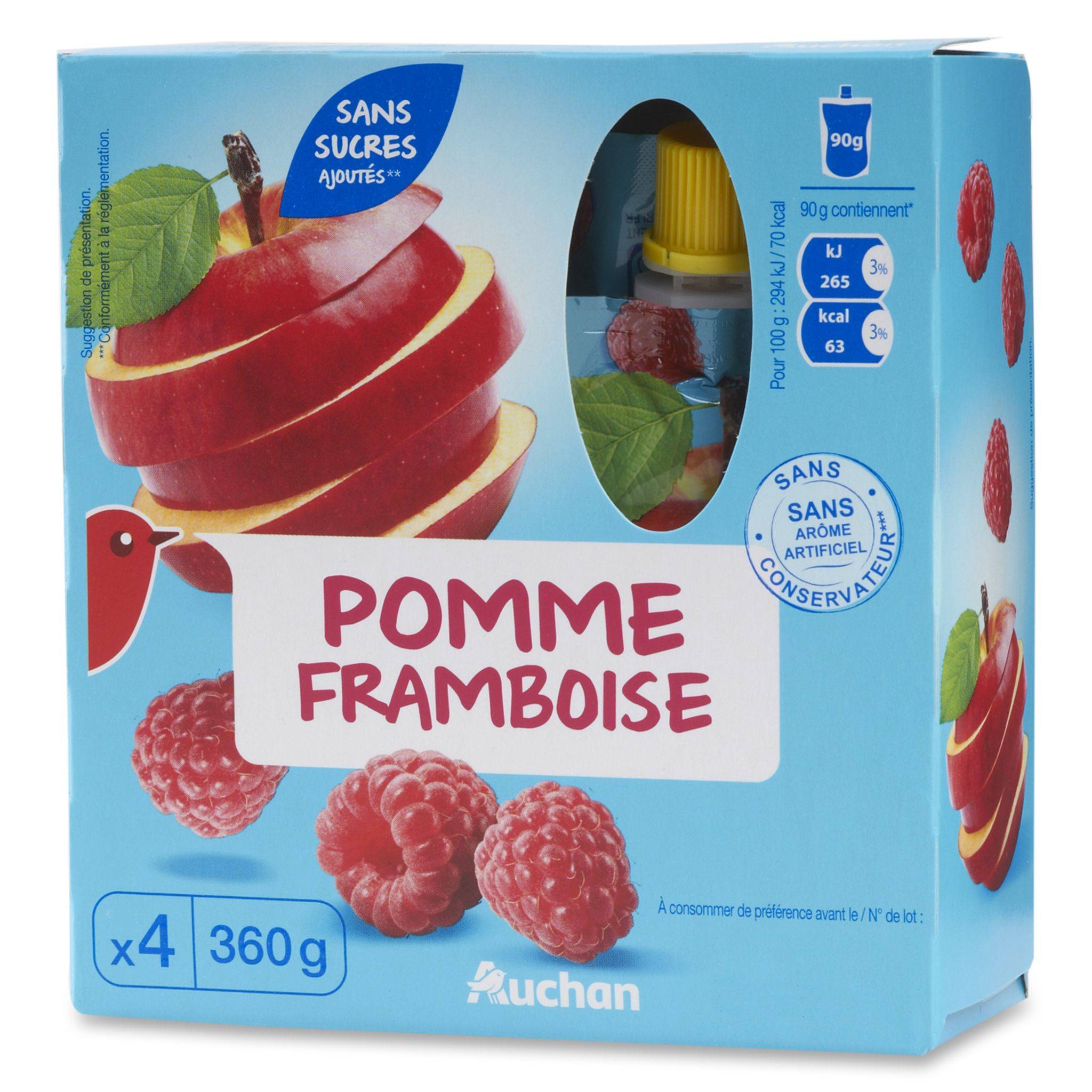 Auchan - Compotes pomme et framboise sans sucres ajoutés x4 360g